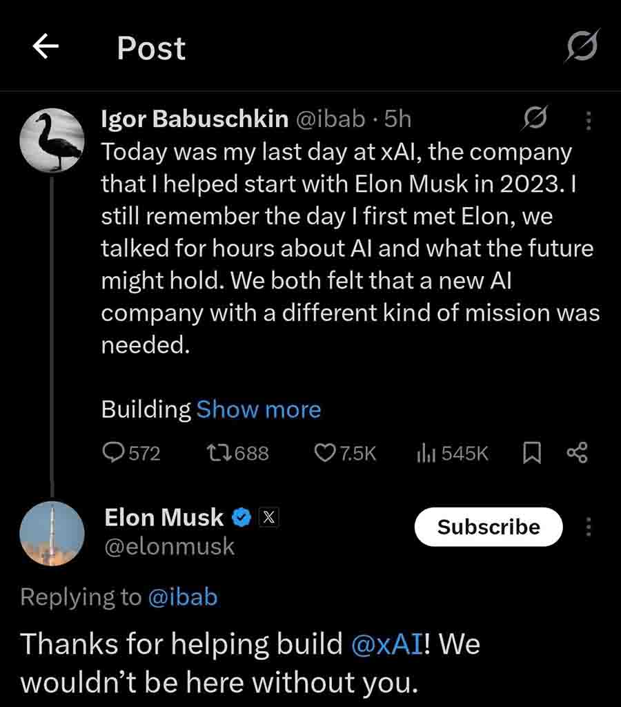 xAI CEO thanked the outgoing co-founder Igor Babuschkin - EONMSK News