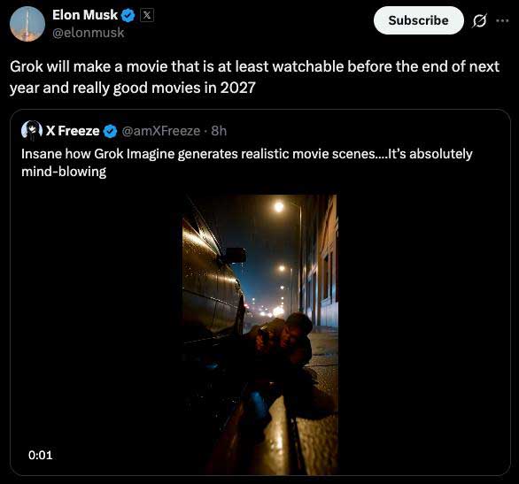 xAI's Grok will make watchable movies by 2026 - Elon Musk - EONMSK News