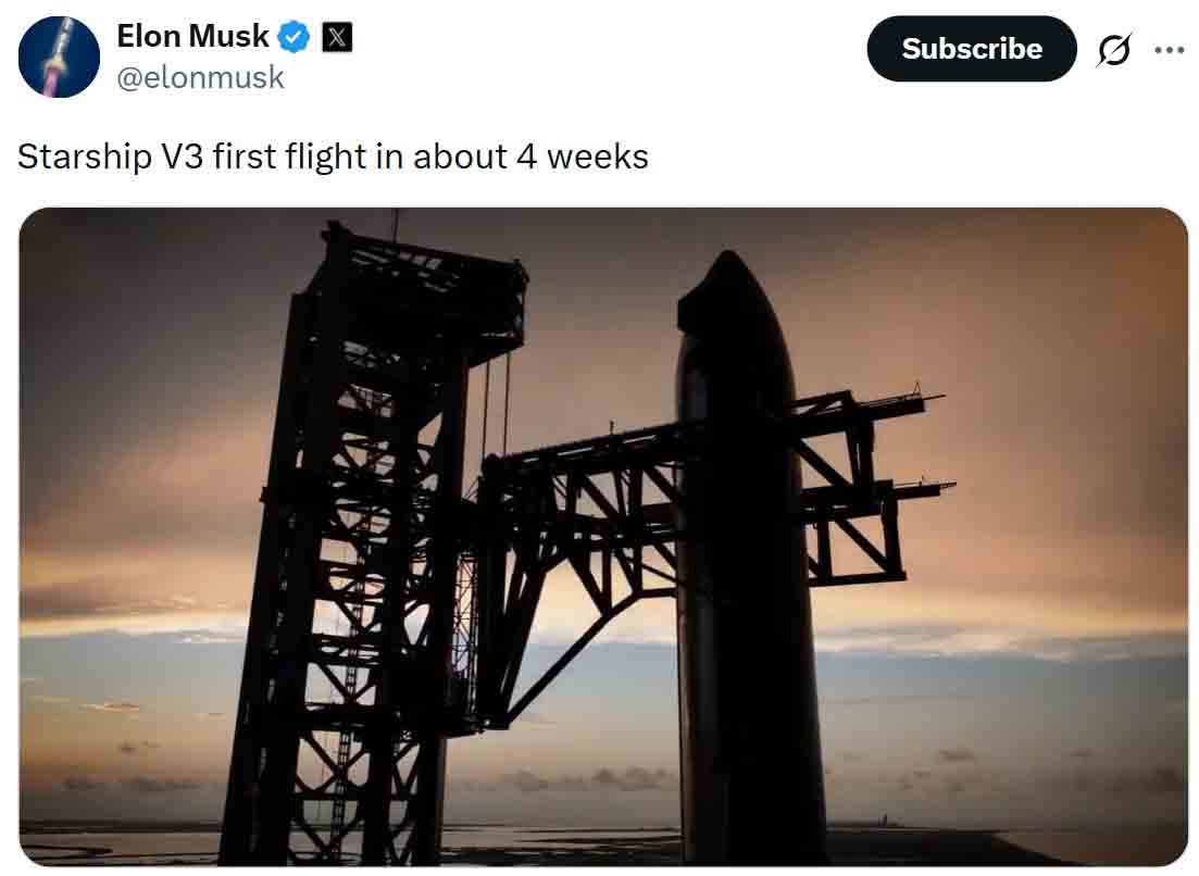 Elon Musk says Starship Flight 12 launching in 4 weeks as testing ...